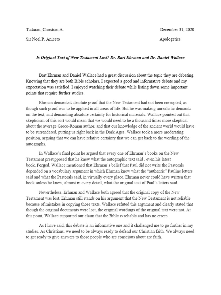 Apologetics Finals Reflectio2 Pdf New Testament Bible