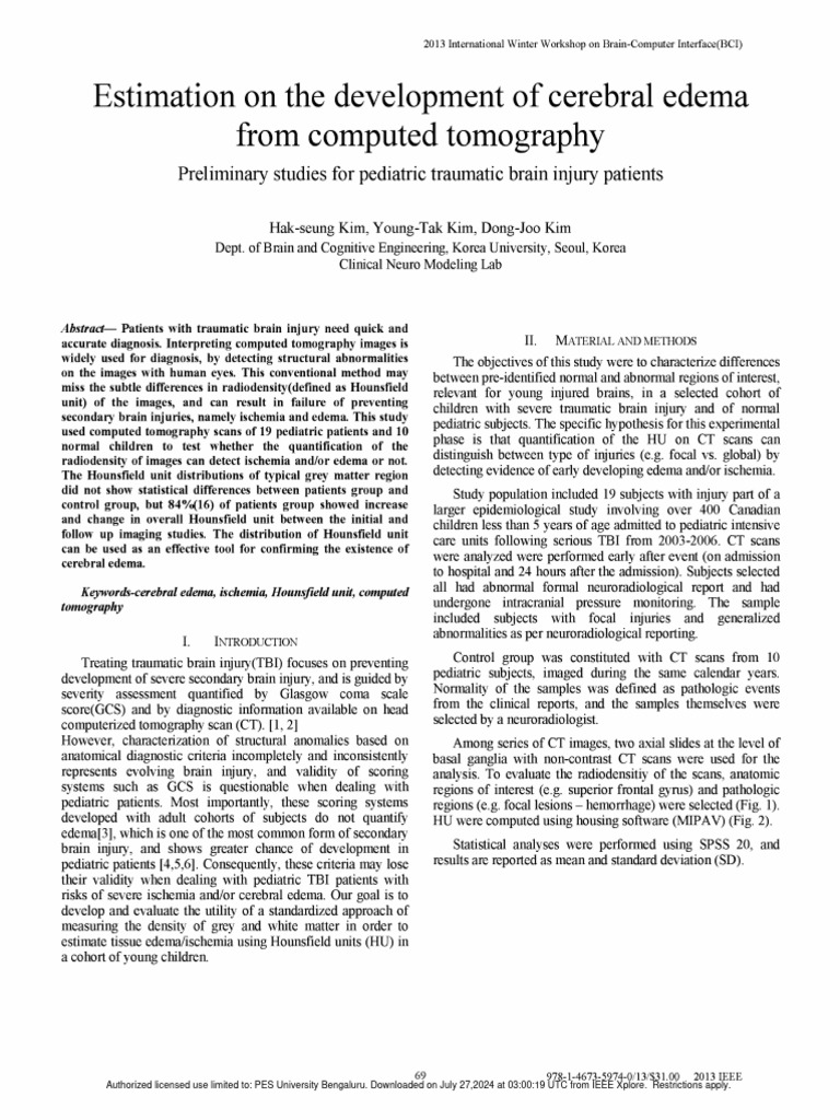 Estimation On The Development of Cerebral Edema From Computed ...
