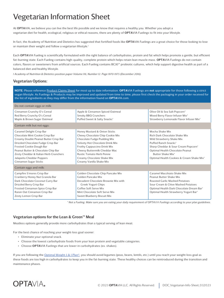 OPTAVIA Vegetarian Info Sheet 1 | PDF | Potato Chip | Vegetarianism