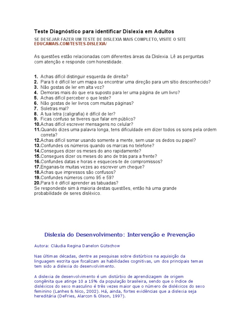 Teste Diagnóstico para identificar Dislexia em Adultos | Dislexia | Fonema