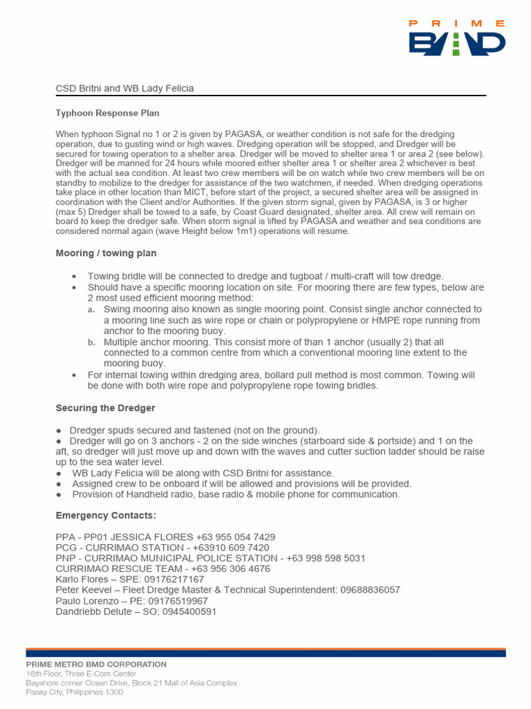 Typhoon Response Plan - Currimao Dredging Project | PDF | Dredging | Anchor