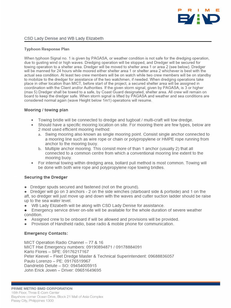 Typhoon Response Plan for Dredging Operations | PDF | Dredging | Anchor