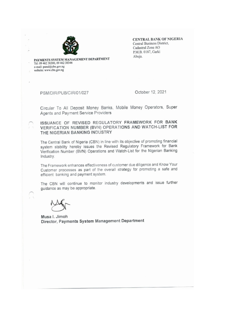 Revised Regulatory Framework For Bank Verification Number (BVN) Operations and | PDF | Computer ...