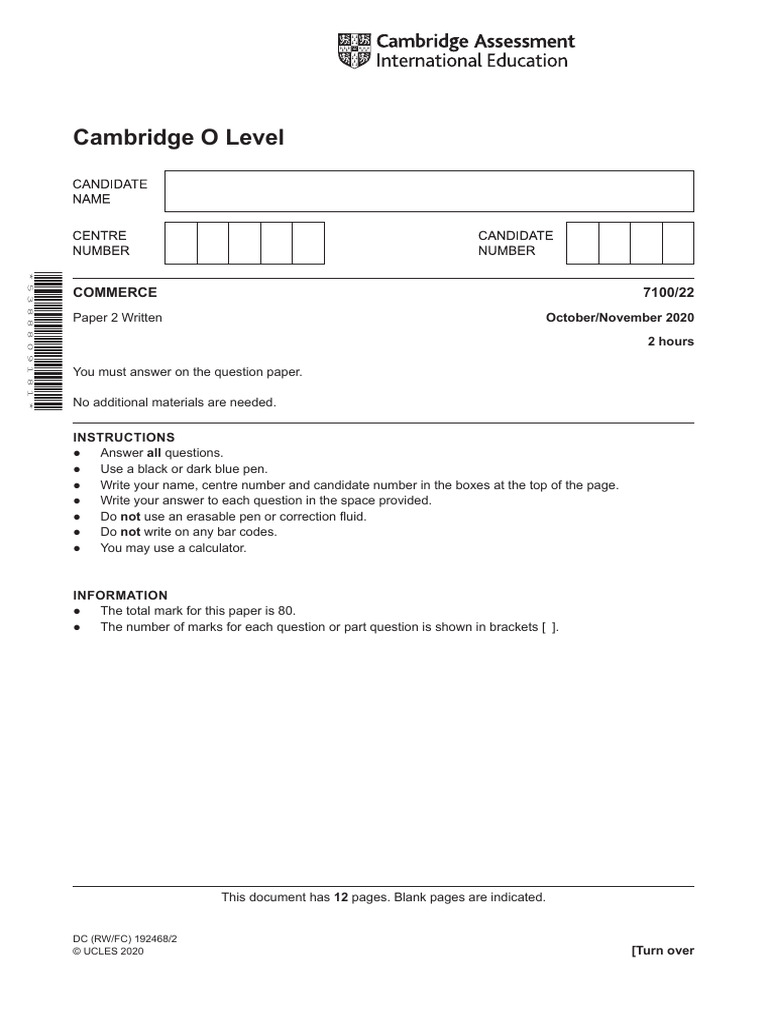 Cambridge O Level: COMMERCE 7100/22 | PDF | Warehouse | Retail