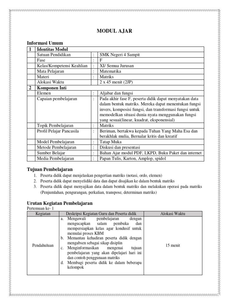 Modul Ajar Matriks 1 | PDF | Karier & Perkembangan