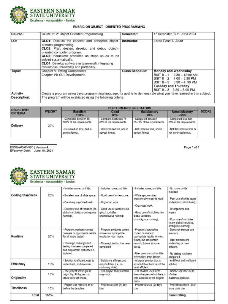 Rubric OOP 2nd Sem SY 2022 2023 | PDF | Object Oriented Programming | Object (Computer Science)