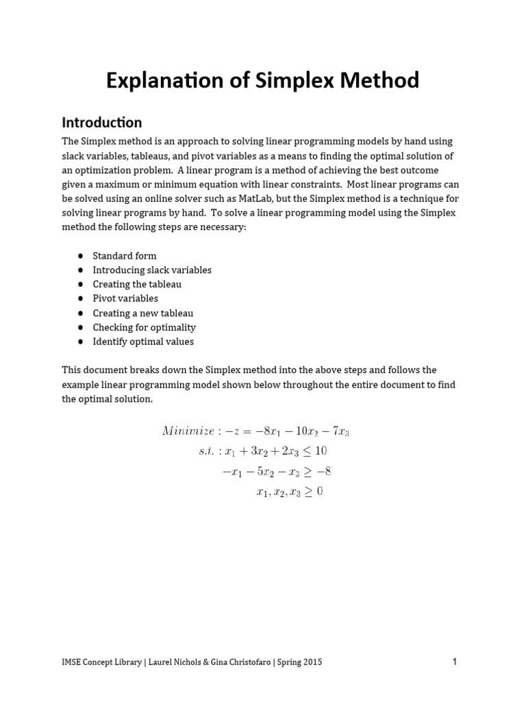 Explanation Of Simplex Method Pdf Linear Programming Mathematical Optimization 
