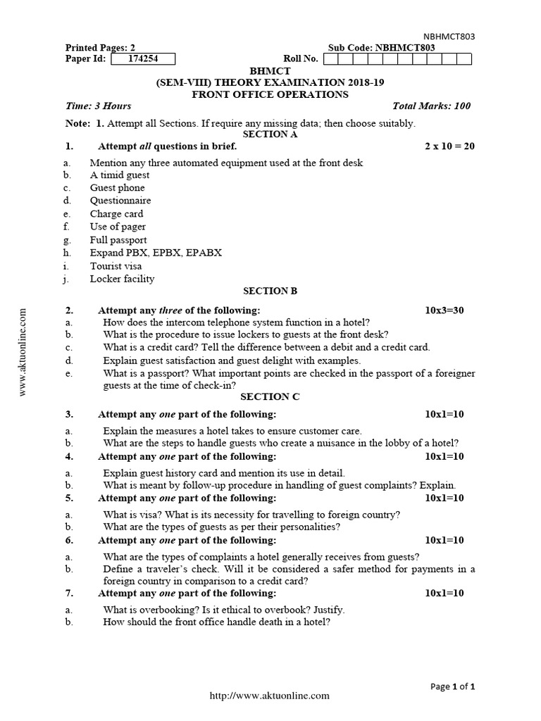 BHMCT 8 Sem Front Office Operations Nbhmct803 2019 | PDF | Credit Card ...