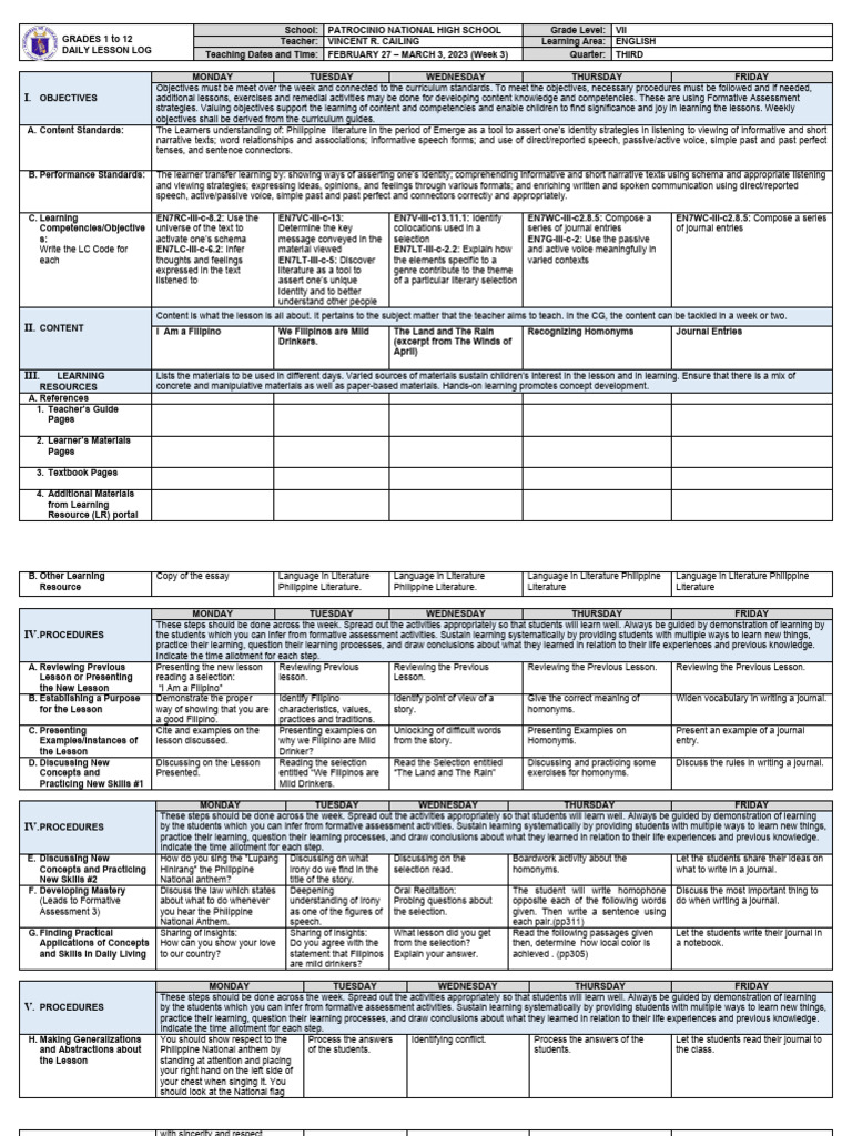 Daily Lesson Log English 7 THIRD QUARTER Week 3 | PDF | Learning ...