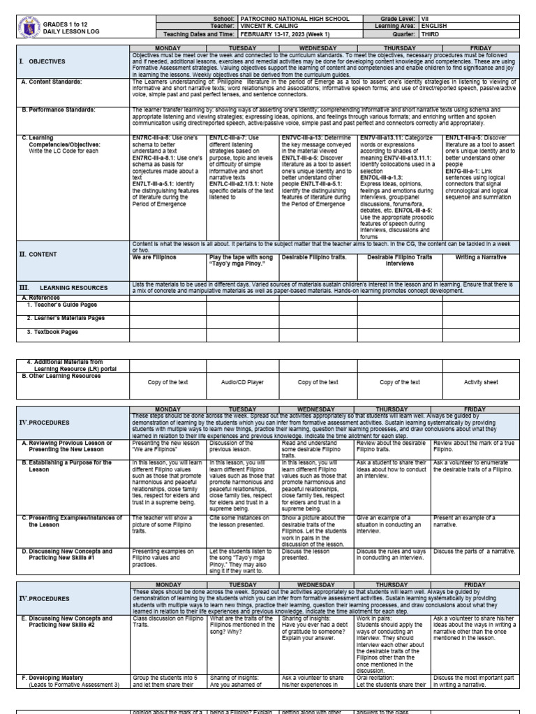 Daily Lesson Log English 7 THIRD QUARTER Week 1 | PDF | Learning ...