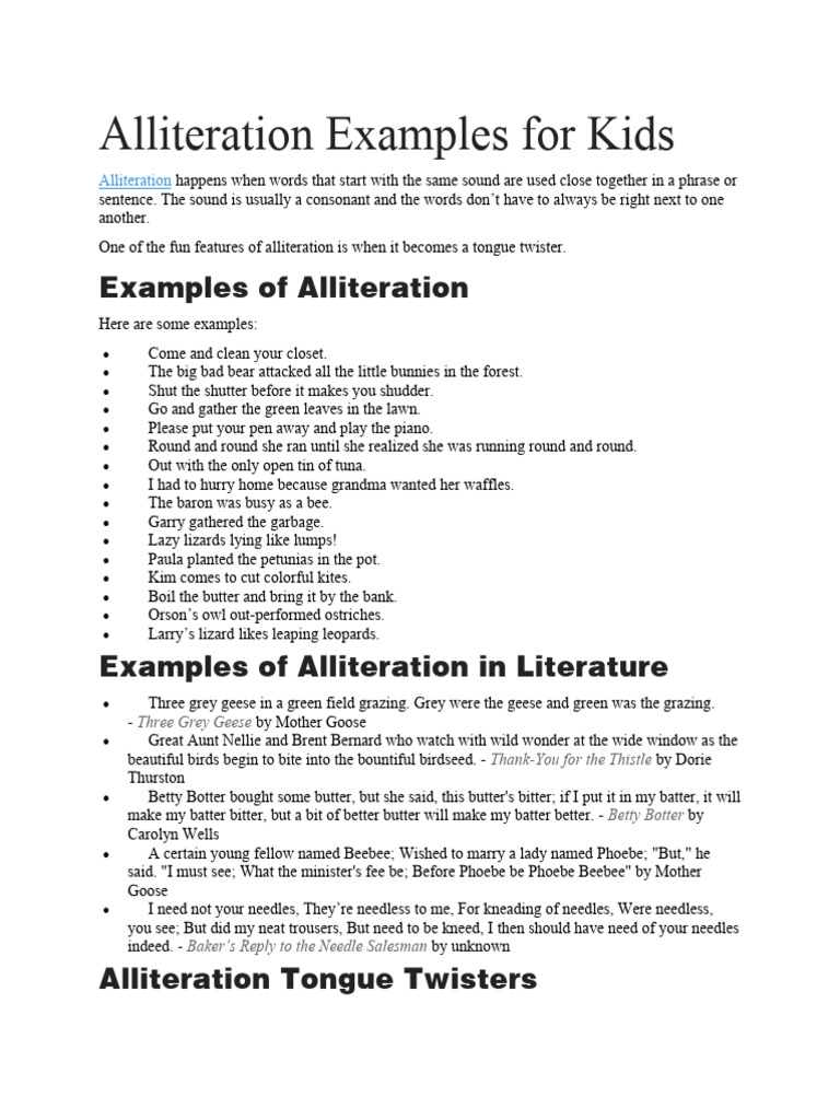 Alliteration Examples For Kids | PDF | Cooking, Food & Wine | Home & Garden