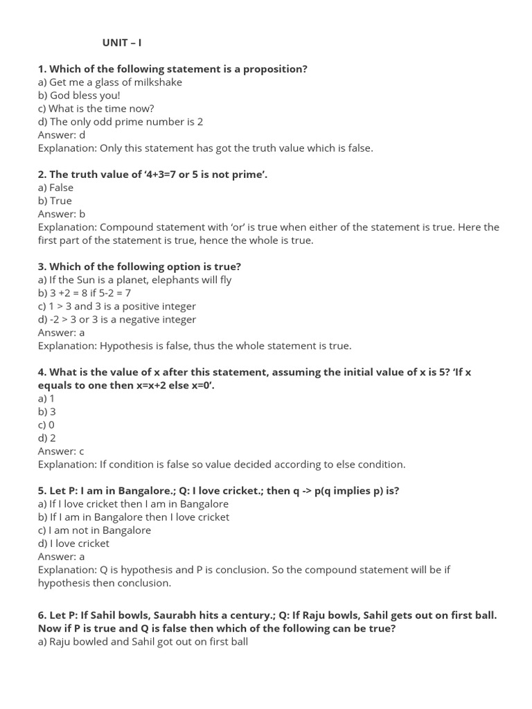 Unit 1 Quiz Questions | PDF | Contradiction | Mathematics