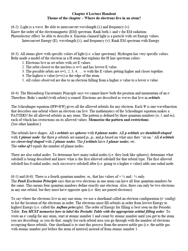 CH 6 Handout, 1050 F23 | PDF | Atomic Orbital | Electron Configuration