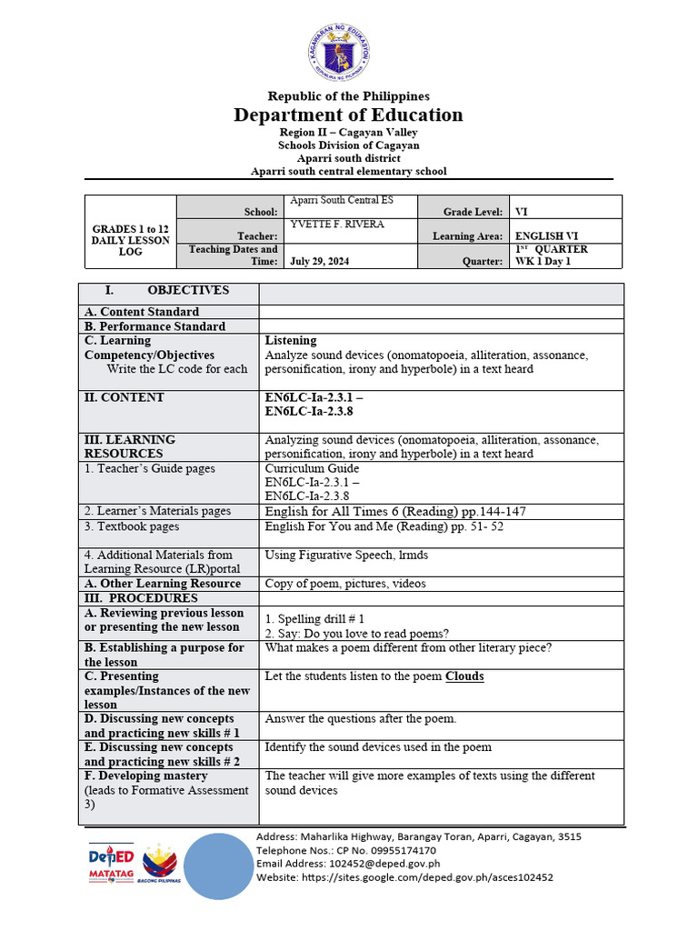 Q1-Daily Lesson Plan English - WK1 - Day 1 | PDF | Integer | Multiplication