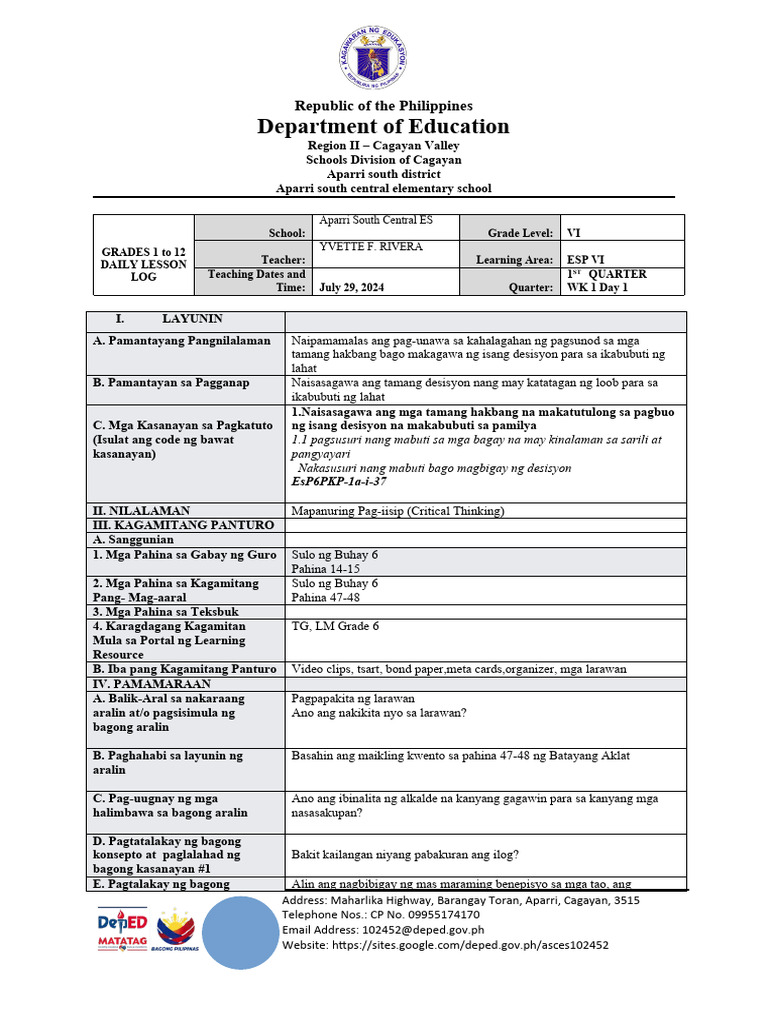 Q1-Daily Lesson Plan ESP_ WK1_Day 1 | PDF