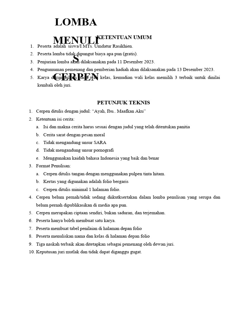 Menulis Cerpen - Juknis Dan Format Penilaian | PDF