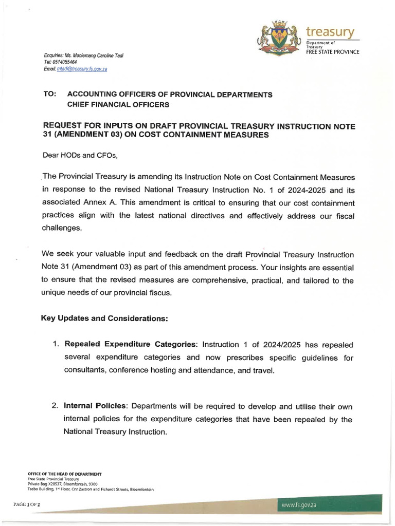 Request For Inputs o Draft Provincial Treasury Instruction Note 31 ...