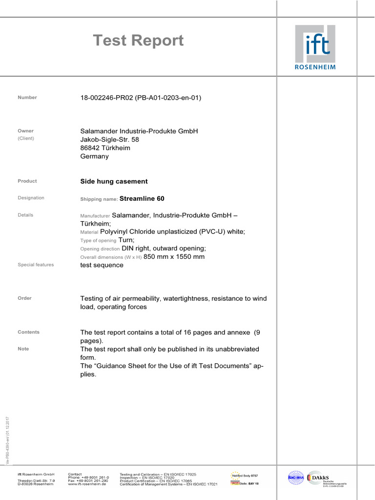 18 002246 PR02 PB A01 0203 en 01 Test Report SL60 Side Hung Casement | PDF