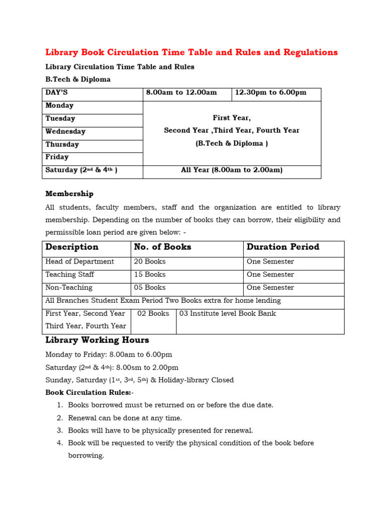 06 Book circulation Time Table,Rules | PDF | Libraries | Academic Term