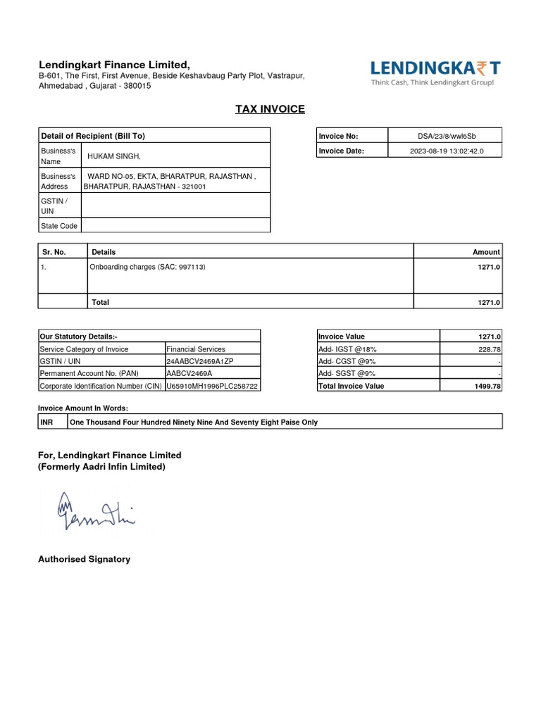 Invoice for Onboarding Charges - HUKAM SINGH | PDF