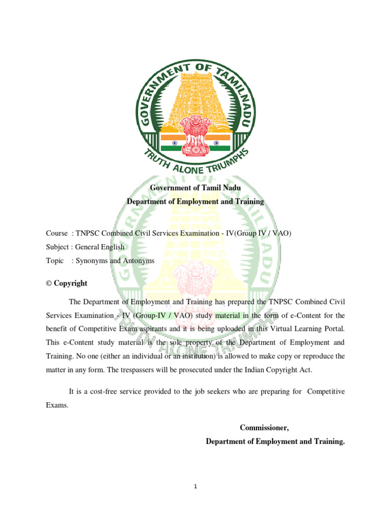 Synonyms and Antonyms - 1st - Chapter | PDF