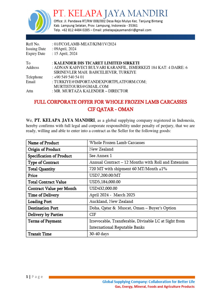 Fco-Lamb Meat-Kjm-Kal-09-04-2024-1 | PDF | Bill Of Lading
