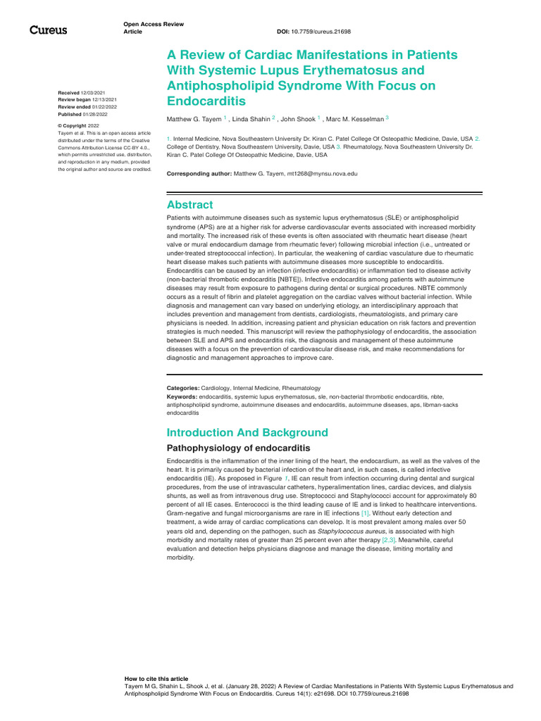 Cardiac Manifestation Sle | PDF | Thrombosis | Clinical Medicine