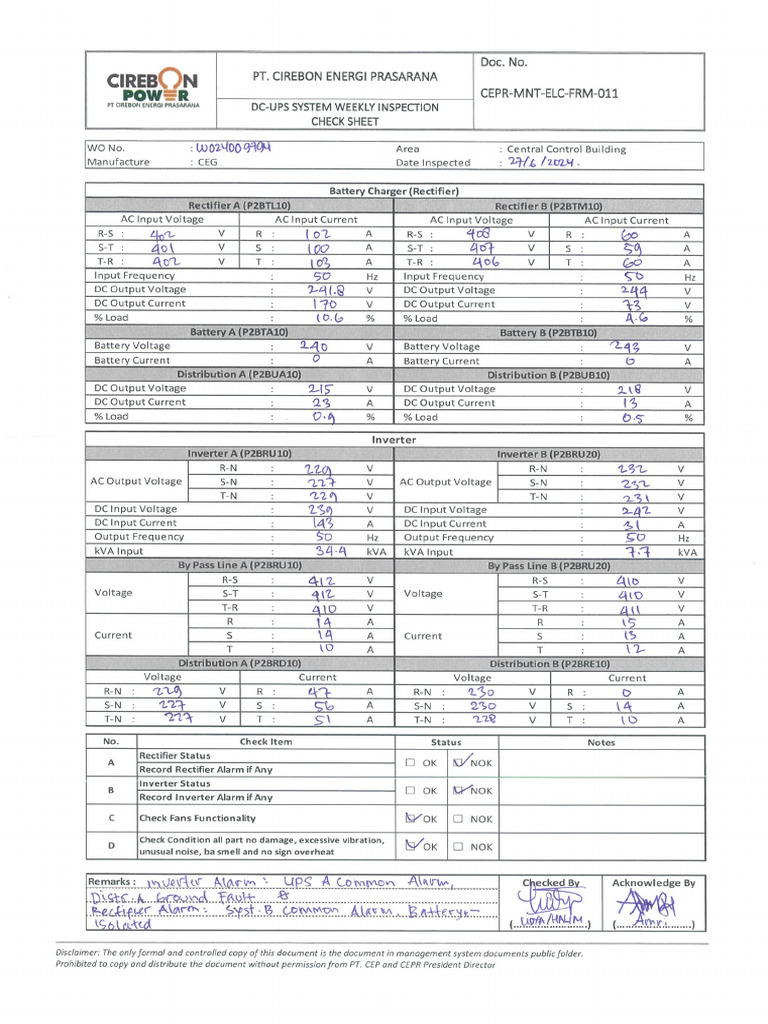 w1 PM DC & Ups System Weekly Inspection (CCB Cteb Swyd) | PDF