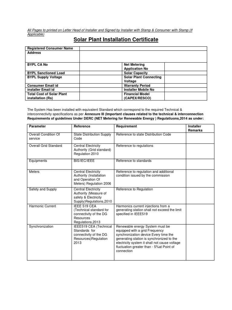 Solar Plant Installation Certificate | PDF | Electrical Grid ...
