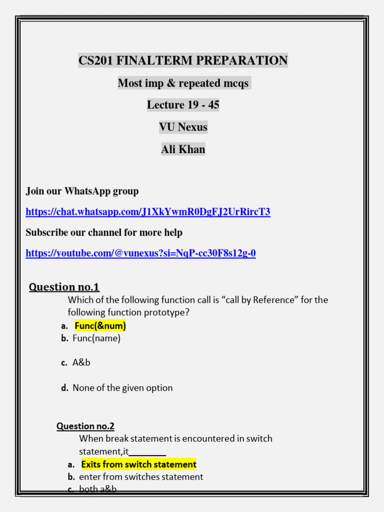 CS201 Imp Mcqs For Finalterm Lec 19 To 45 - Ali Khan 1 | PDF | Pointer (Computer Programming ...