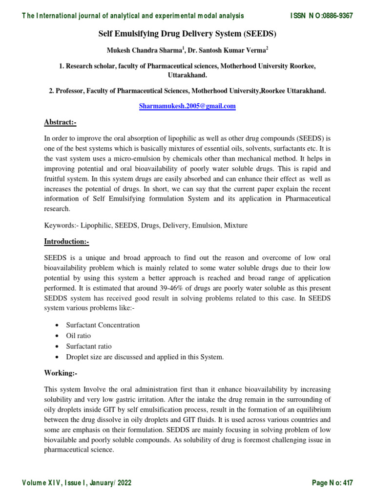 Self Emulsifying Drug Delivery System Seeds Pdf Emulsion Surfactant