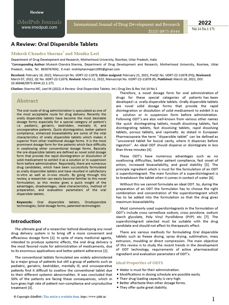 A Review: Oral Dispersible Tablets | PDF | Tablet (Pharmacy ...