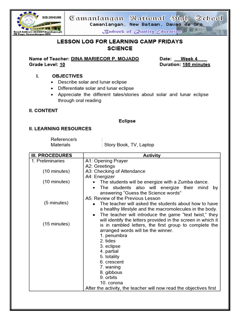 Grade 10 Science: Eclipses Lesson Plan | PDF | Eclipse | Moon