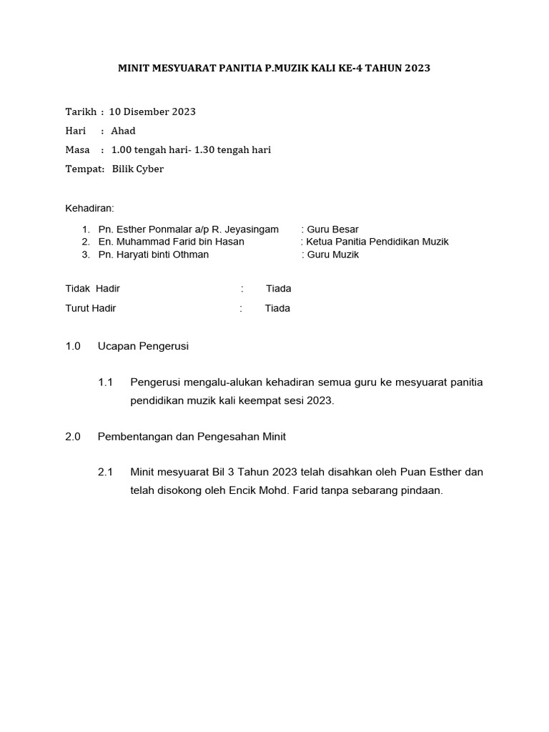Minit Mesyuarat Panitia Muzik Kali Ke-4 2023 | PDF