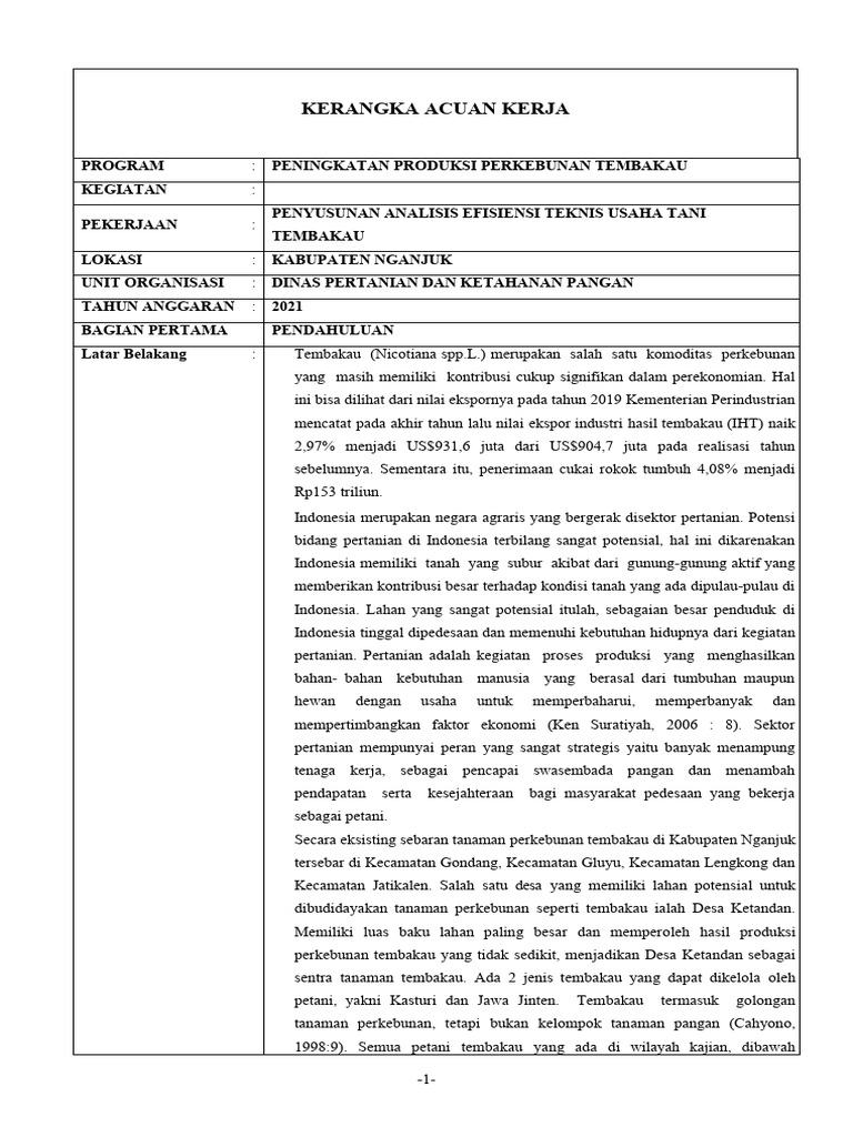 KAK Analisis Efisiensi Teknis Usaha Tani Tembakau 2021 | PDF