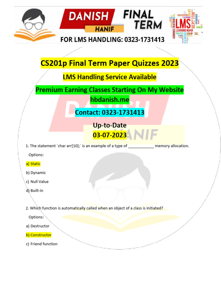 CS201P Quiz For Finalterm by Danish Hanif-1 | PDF | Constructor (Object ...