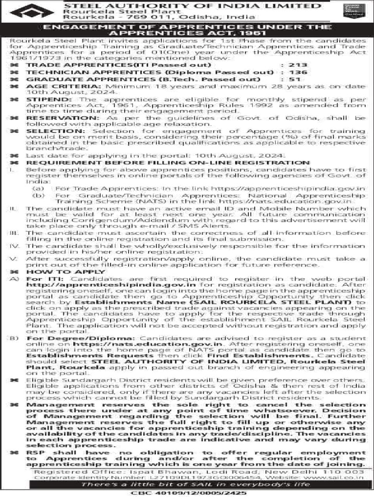 SAIL Rourkela Steel Plant Apprentice Recruitment 2024 | PDF | Apprenticeship