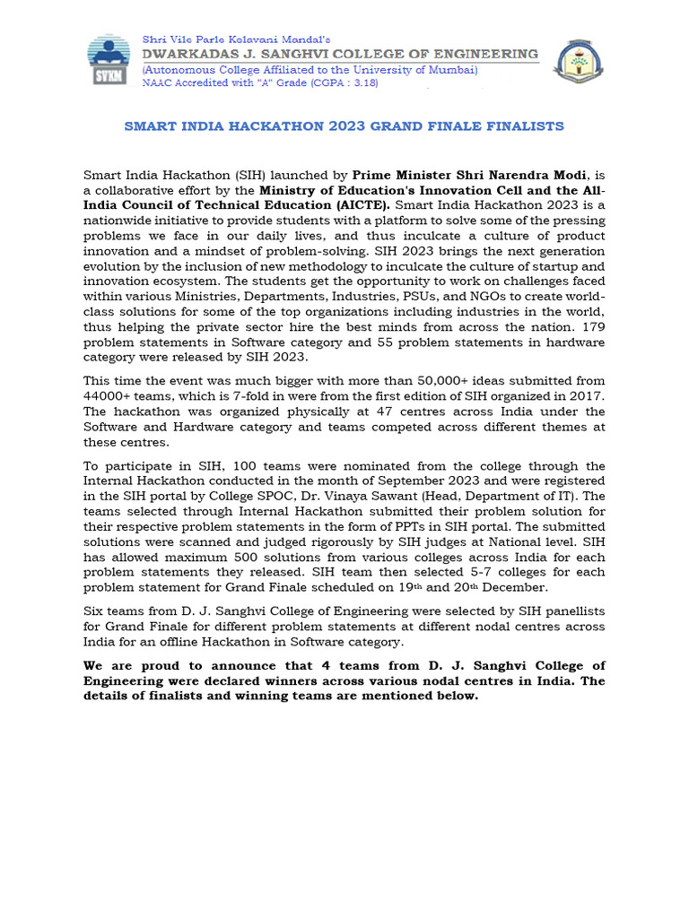 SIH GRAND FINALE 2023 - Winners | PDF