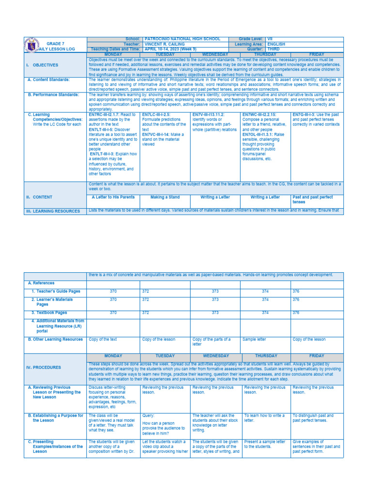 English 7 Daily Lesson Log THIRD QUARTER Week 9 | PDF | Learning ...