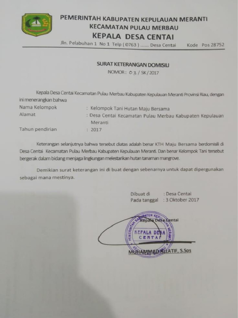 1.6 Surat Keterangan Domisili KTH Maju Bersama | PDF