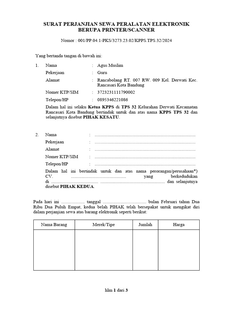 Contoh Perjanjian Sewa Printer-Scanner Pemilu | PDF