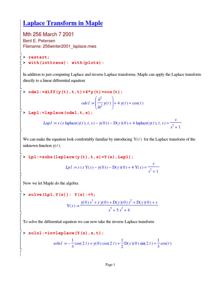 Laplace Transform in Maple: MTH 256 March 7 2001 | PDF | Laplace ...