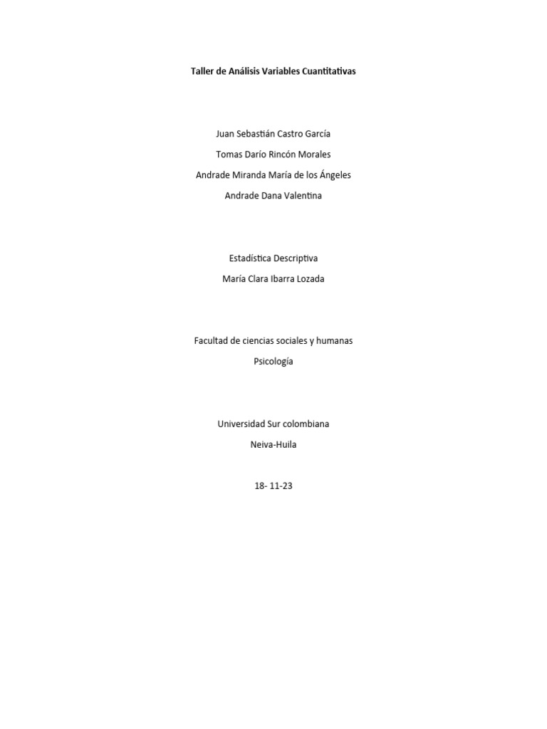 Taller de Análisis Variables Cuantitativas.. | PDF | Estadísticas descriptivas | Teoría estadística