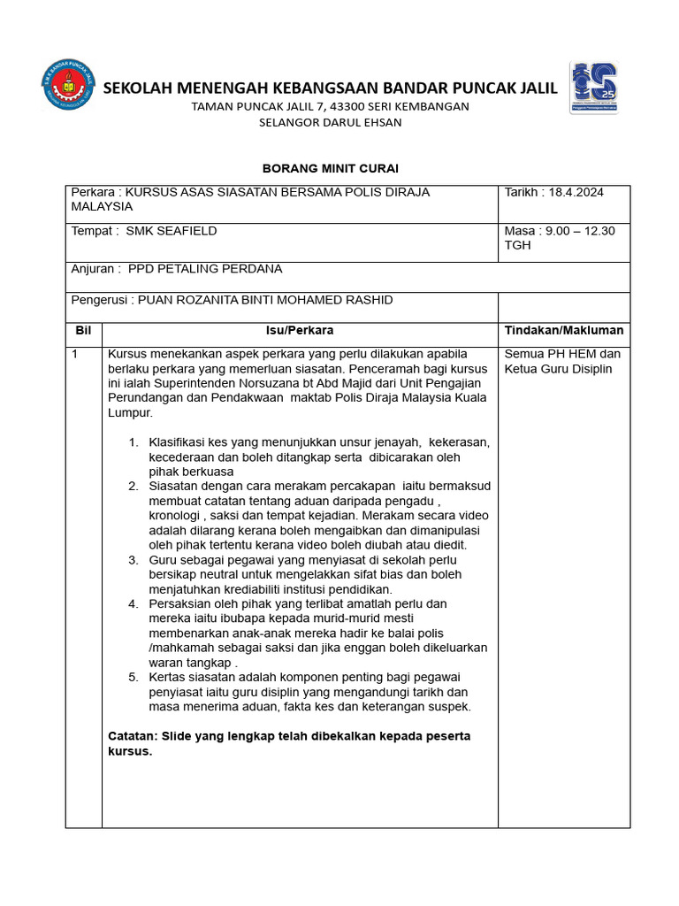 Minit Curai Kursus Siasatan | PDF