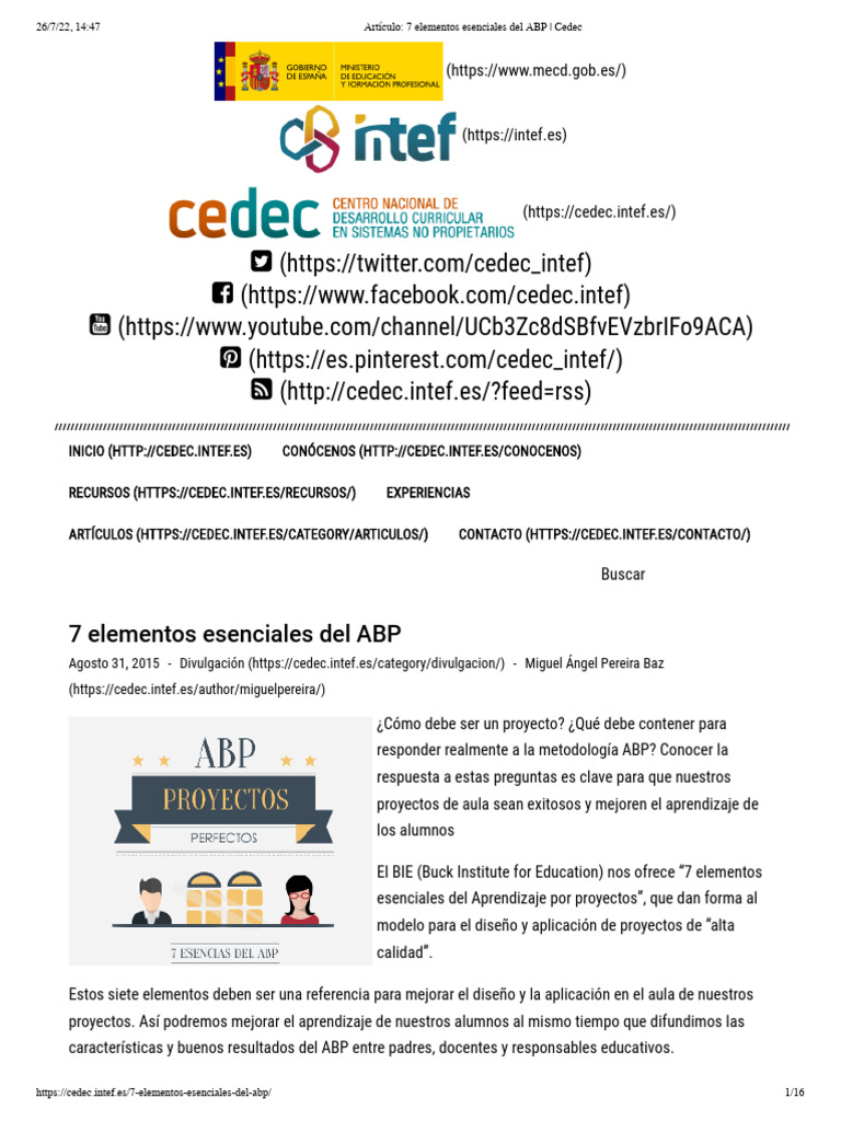 Artículo - 7 Elementos Esenciales Del ABP - Cedec | PDF | Evaluación | Enseñando