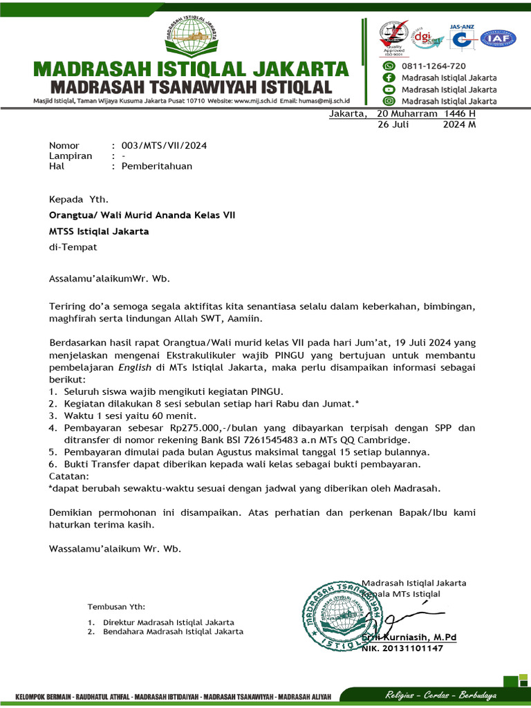 003 MTs Surat Pemberitahuan Pingu (Kelas 7) | PDF