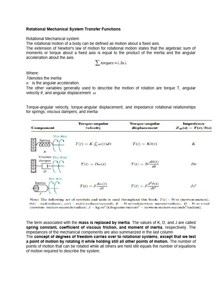 Rotational Mechanical System Transfer Functions | PDF | Rotation Around A Fixed Axis | Torque