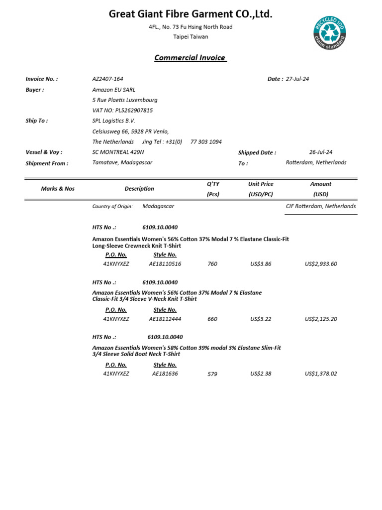 Loading Plan - AZ2407-164 (1x20'GP) | PDF | Value Added Tax | Invoice