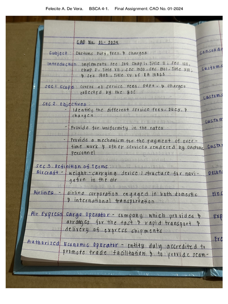 De Vera - BSCA 4-1 - Customs Law - Final Assignment | PDF