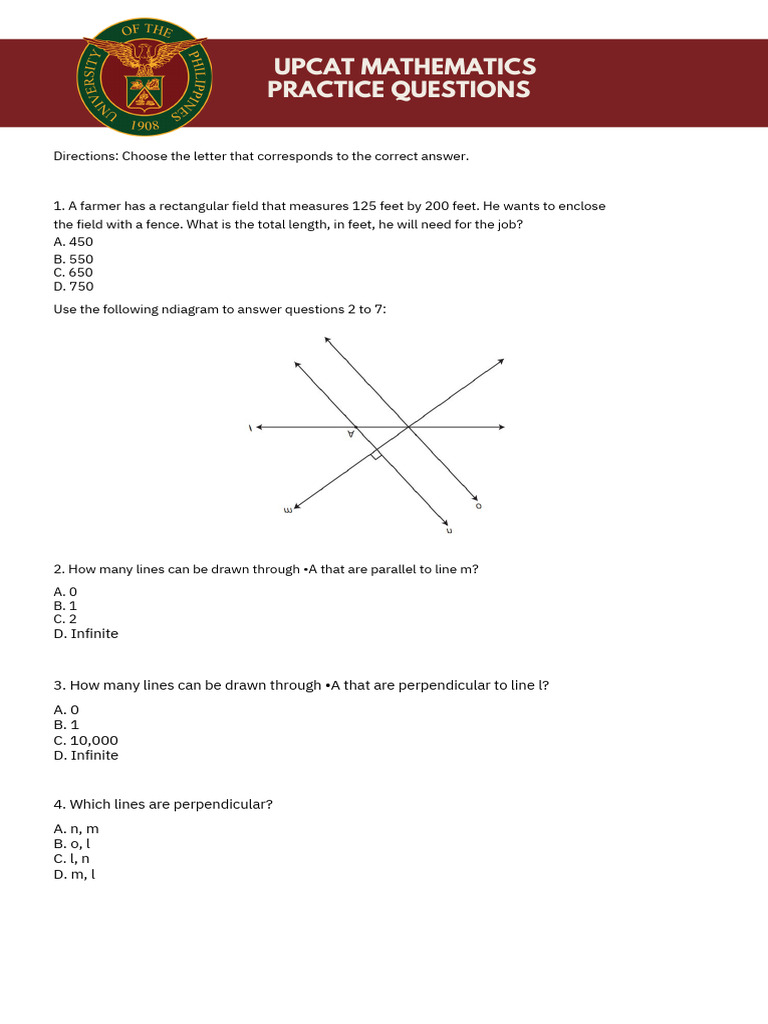 UPCAT Mathematics Practice Questions Set 2 PDF | PDF | Triangle | Euclidean Geometry